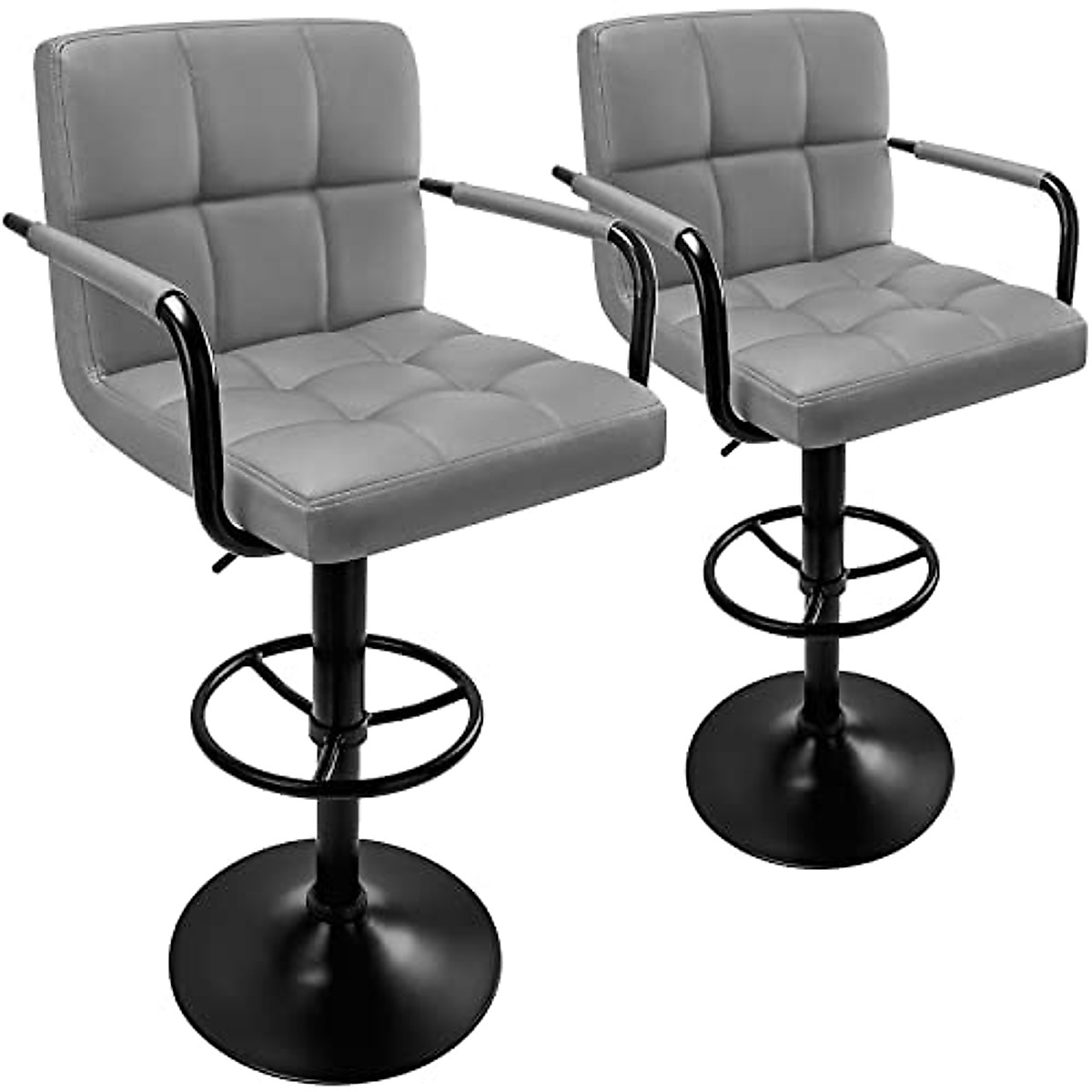 Huracan Adjustable Barstool with Armrest Swivel Bar Stools Set of 2 Counter Height Modern Bar Stool with Back Pu Leather Square Kitchen Island Barstools - Light Grey Base,2pcs