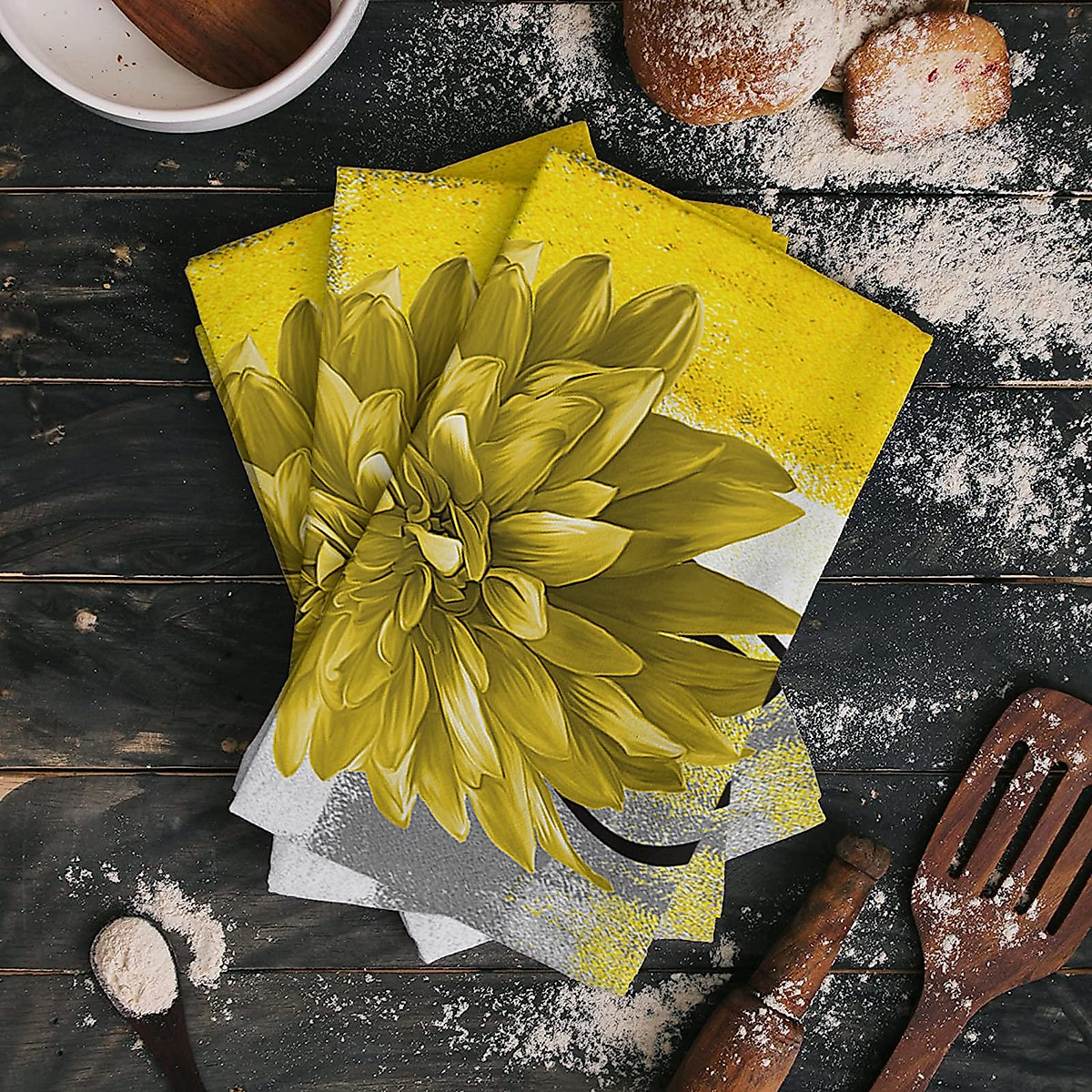 Chic Decor Home Kitchen Towels Yellow Dahlia Flowers Tea Towel Microfiber Absorbent Washable Floral Abstract Gray White Hand Dish Cleaning Cloth for Kitchen Bathroom, 18 x 28 Inch, Dahlia4050, 2-PACK