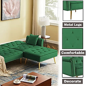 WILLIAMSPACE Green Sectional Couches for Living Room, Sectional Sofa with Recliner, Convertible L-Shaped Sofa with Sleeper, Comfy Velvet L-Shape 3 Seats Sofa and Pillows for Small Spaces