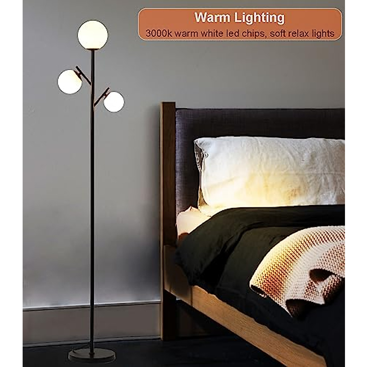 Fiqevs 3 Globe Modern Black Floor Lamp, Mid Century Contemporary Standing Lamp with Sphere Frosted Glass Shade and 3pcs 3000K LED Bulbs, LED Tall Floor Lamp for Living Room, Office, Hotel