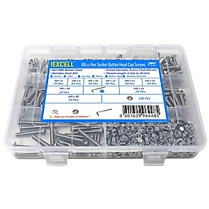 iexcell 360 Pcs M5 x 6/8/10/12/14/16/20/25/30 Stainless Steel 304 Hex Socket Button Head Cap Screws Bolts Nuts Assortment Kit