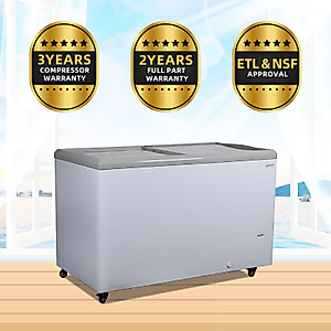 NAFCOOL 12.4 Cu.Ft Commercial Chest Freezer with LED Light,Temp Rang -8°F and 0°F,Glass Top Display Chest Freezer with 6 Removable Wire Baskets,Sliding Lids, Lock,Caster Wheels, White