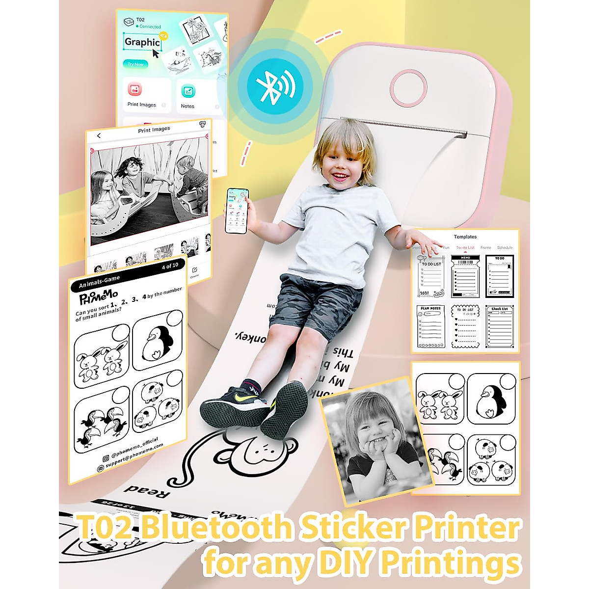 Phomemo Sticker Printer- Print Pods Mini Sticker Printer Maker T02, Bluetooth Thermal Pocket Printer for Study Notes, Stickers, Photos, DIY Printing, Pink