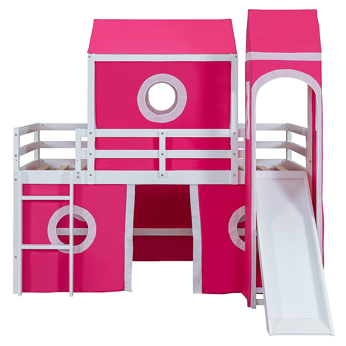 Full Size House Loft Bed Kids Loft Beds with Slide, Tent and Tower, Solid Wood Loft Bed with Small Pinnacle for Kids Girls Boys Teens (Pink)