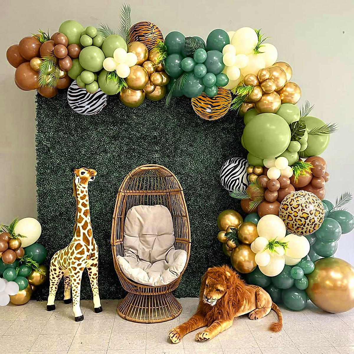 156pcs Jungle Safari Balloon Garland Arch Kit-Sage Green White Balloon with Tropical Animal Decoration for Boy Baby Shower, Wild One Birthday, Woodland Zoo Pals Party Supplies
