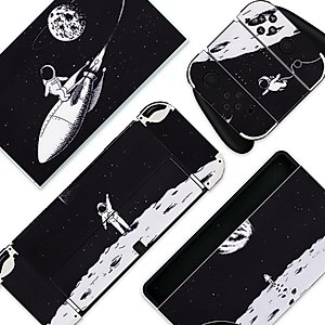 BelugaDesign Space Switch Skin | Cool Sticker Wrap Vinyl Decal | Galaxy Spaceship Astronaut Moon Cute | Compatible with Nintendo Switch (Switch OLED, Black White)