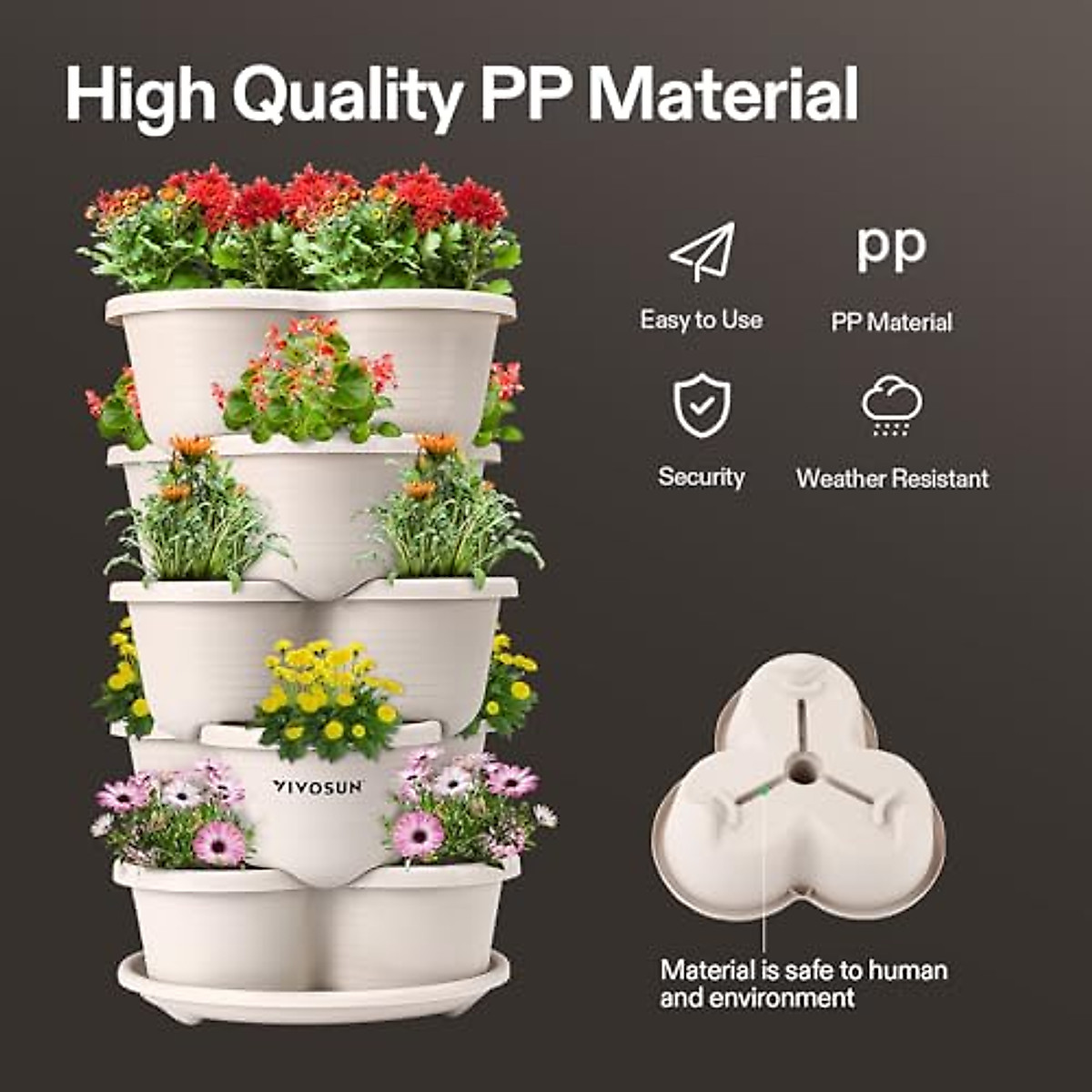 VIVOSUN 5 Tier Vertical Gardening Stackable Planter for Strawberries, Flowers, Herbs, Vegetables, Ivory