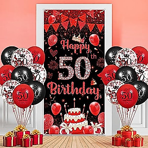 Red 50th Birthday Party Decorations for Women Men Red Black Balloons Banner Supplies Happy 50th Birthday Banner and 18pcs 50th Birthday Balloons Set for 50 Years Old Birthday Anniversary Party Decor