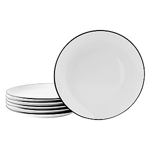 YOLIFE 10 inch Porcelain Dinner Plate Set of 6 - White Round Ceramic Serving Dish for Steak Patas Pizza Restaurant with Black Trim