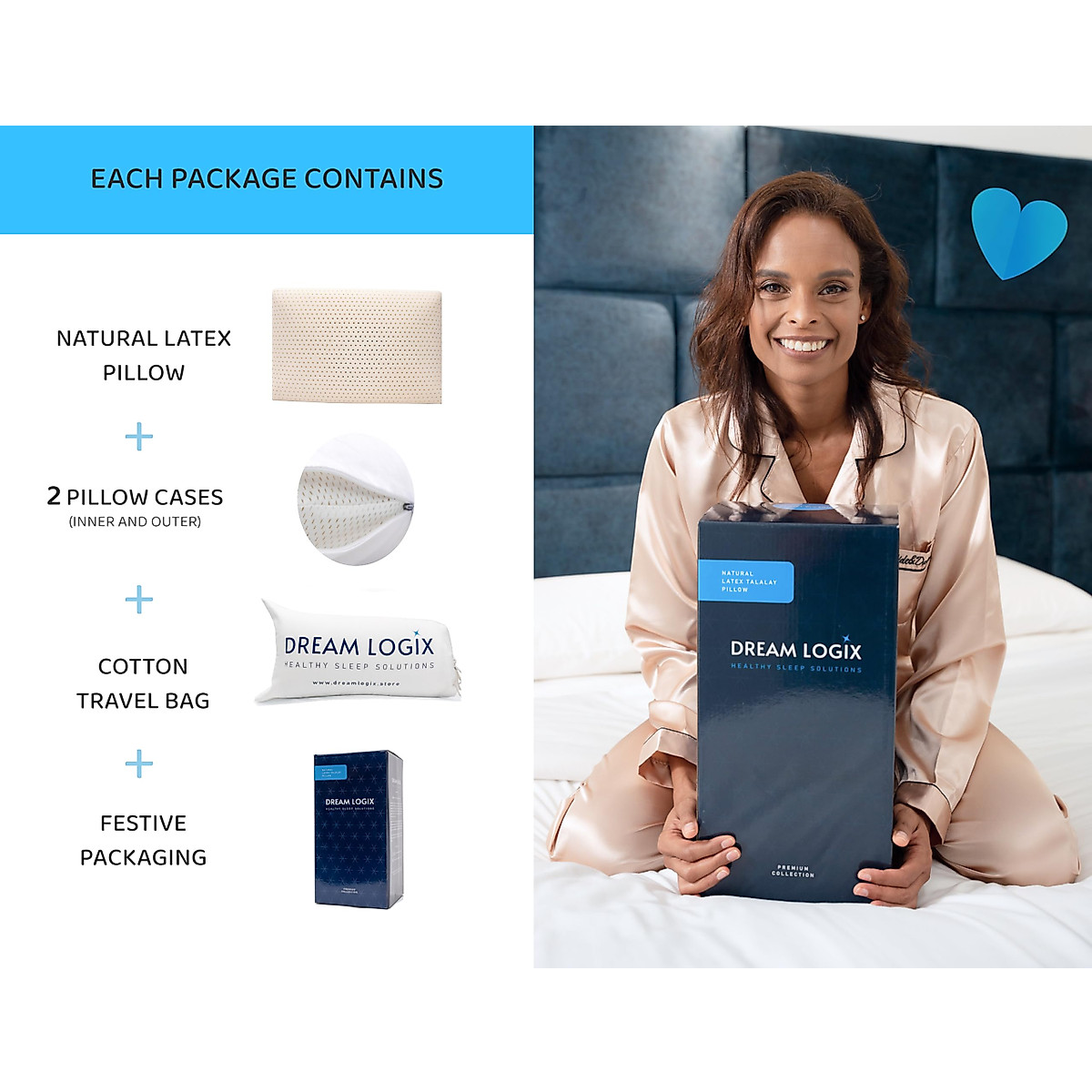 Talalay Natural Latex Foam Pillow DreamLogix - Queen Size Medium Soft Pillow for Sleeping, Side, Stomach & Back Sleepers, Neck Support, 100% Cotton Cover (Medium Soft, Queen Size 28''x16''x6'')