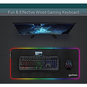 Manhattan Wired Membrane Gaming Keyboard –with Backlit RGB LED, Metal Base, IPX4 Splashproof, Phone Holder, 12 Multimedia Function Quiet Keys-for Computer, PC, Desktop, Gamer –3 Yr Mfg Warranty–180610