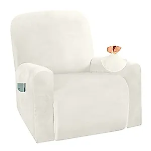 Granbest Velvet Plush Recliner Chair Cover High Stretch Recliner Slipcover Furniture Protector with Pockets(Creamy White)