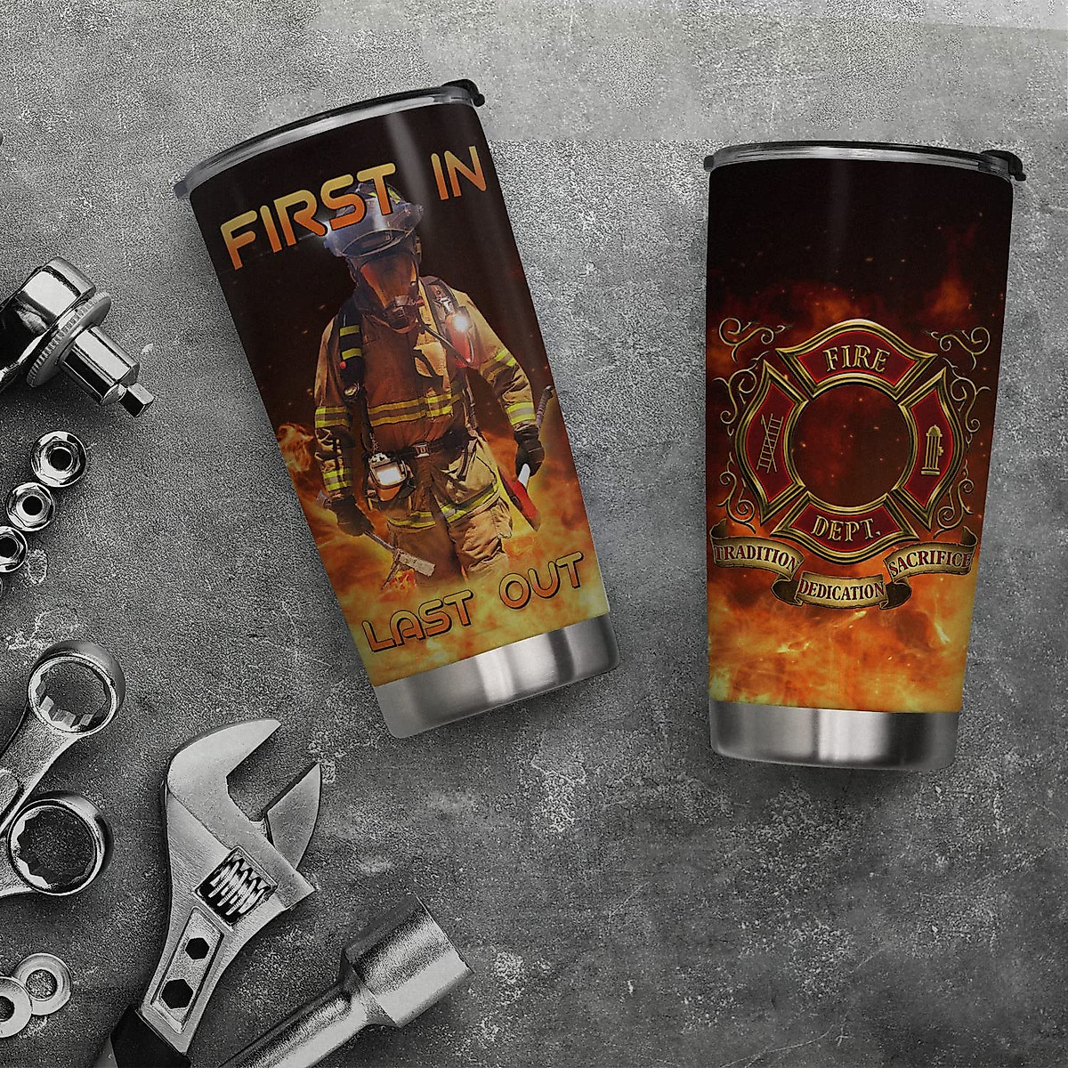 20oz Firefighter Tumbler, First in Last Out, Firefighter Gifts, Coffee Thermos for Men, Stainless Steel Double Wall Vacuum Insulated Coffee Mug, Travel Cup with Lid