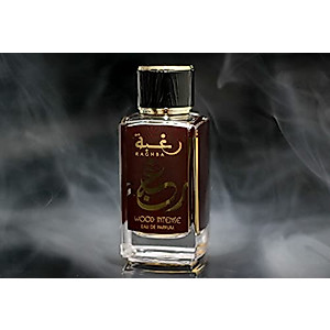 Raghba EDP (Eau De Parfum) I Middle Eastern baked sweets in a spice market scent I Warm, cozy, and smoky Vanilla add a sweet, elegance I Long - lasting and Great Silliage I by Lattafa Perfumes (Raghba Woody Intense)