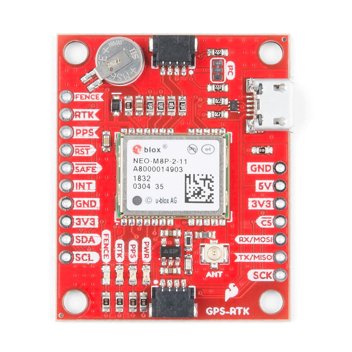 SparkFun GPS-RTK Board - NEO-M8P-2 (Qwiic) High-Accuracy breakout No Soldering Required Breadboardable Contains a Rechargeable backup battery allowing a Warm-start decreasing time-to-first-fix