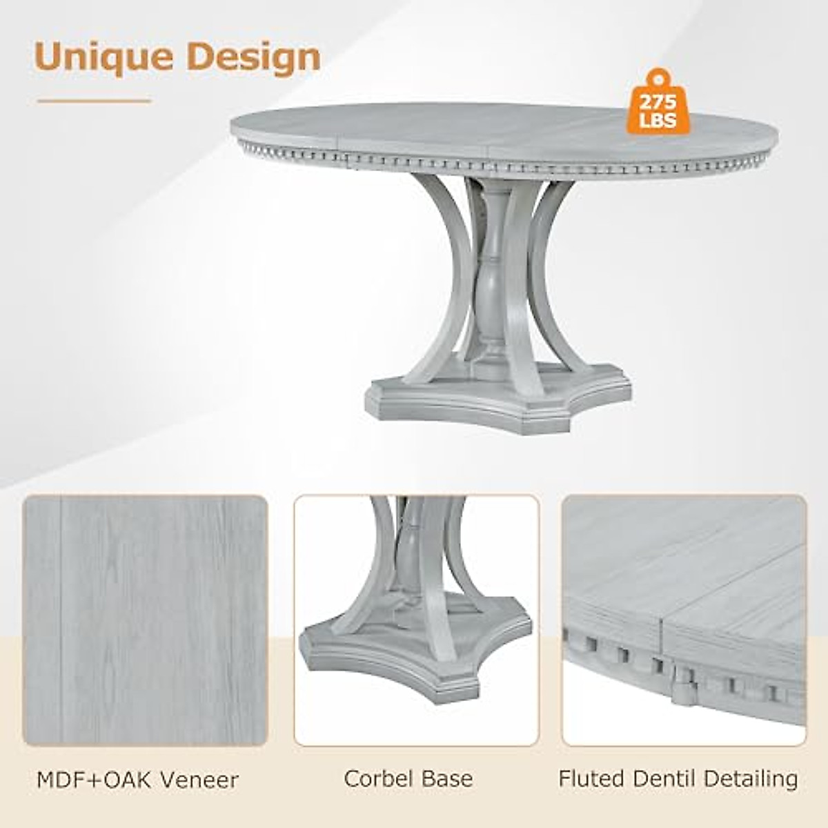 KoiHome, Wood Two-Size Round to Oval Butterfly Leaf, 4 Upholstered Armrest, 4 (Antique Grey Oak), 5-Piece Extendable Dining Table/Chairs Set