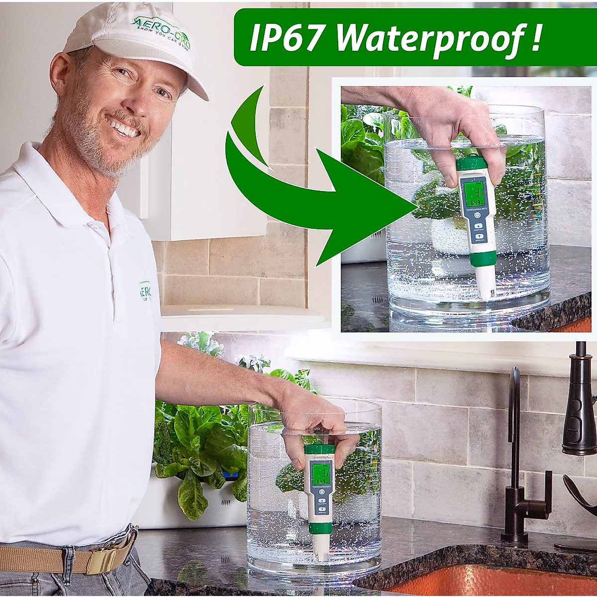 AERO-GRO Digital 5-in-1 Meter: 5 Functions: pH, TDS, EC, Salinity%, Salinity ppm, and Temp, IP67 Waterproof, Pen-Type Tester for Hydroponics, Water, Wine, Spas, Aquariums