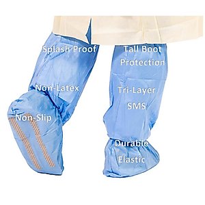 Tri-Layer SMS 18" Tall Heavy Duty Disposable Medical Grade Boot and Shoe Covers Non-Slip Protectors - Protect from Water, Fluids, Dust, Dirt, Mud, Snow, Sand, Grass, and other Mess! (10 Pairs)