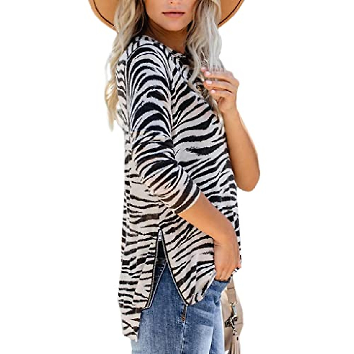 Anna-Kaci Women's Zebra Print Long Sleeve Pullover Tunic Top Fall Crewneck Sweatshirts, Zebra Print, Large