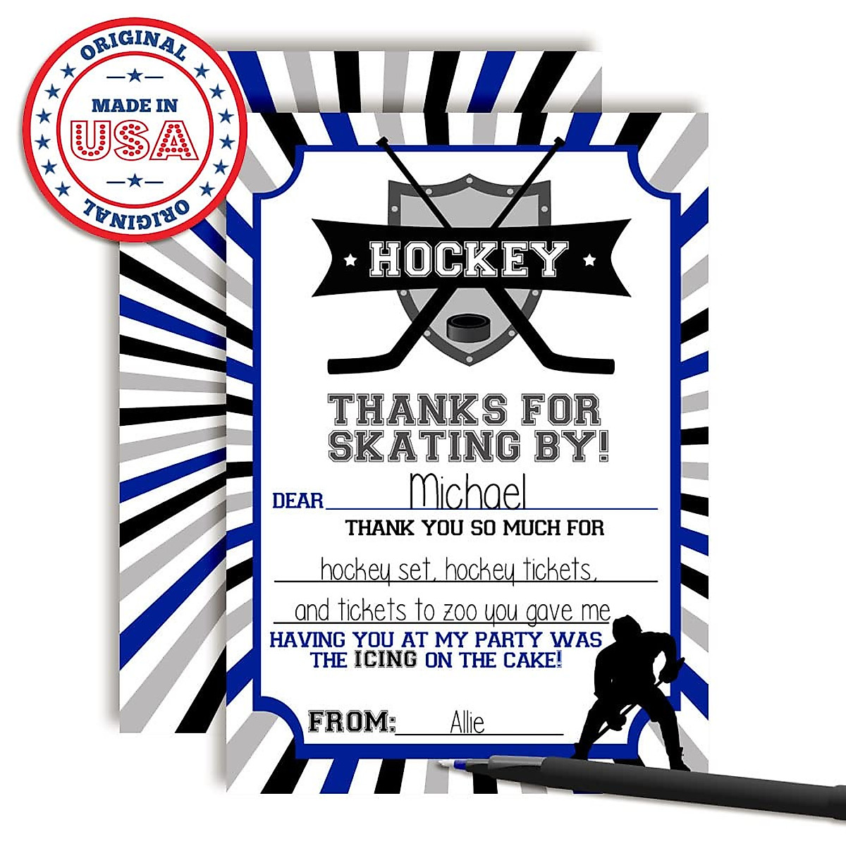 Blue & Gray Hockey Birthday Party Thank You Notes, Ten 4" x 5.5" Fill-In The Blank Cards with 10 White Envelopes by AmandaCreation
