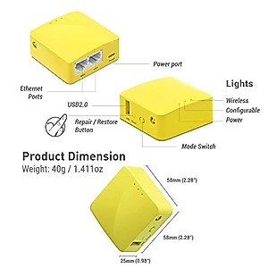 GL.iNet GL-MT300N-V2(Mango) Portable Mini Travel Wireless Pocket VPN Router - WiFi Router/Access Point/Extender/WDS | OpenWrt | 2 x Ethernet Ports | OpenVPN/Wireguard VPN | USB 2.0 Port | 128MB RAM
