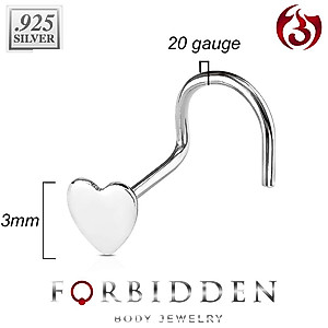 Forbidden Body Jewelry 20g .925 Sterling Silver 3mm Heart Top Nose Screw