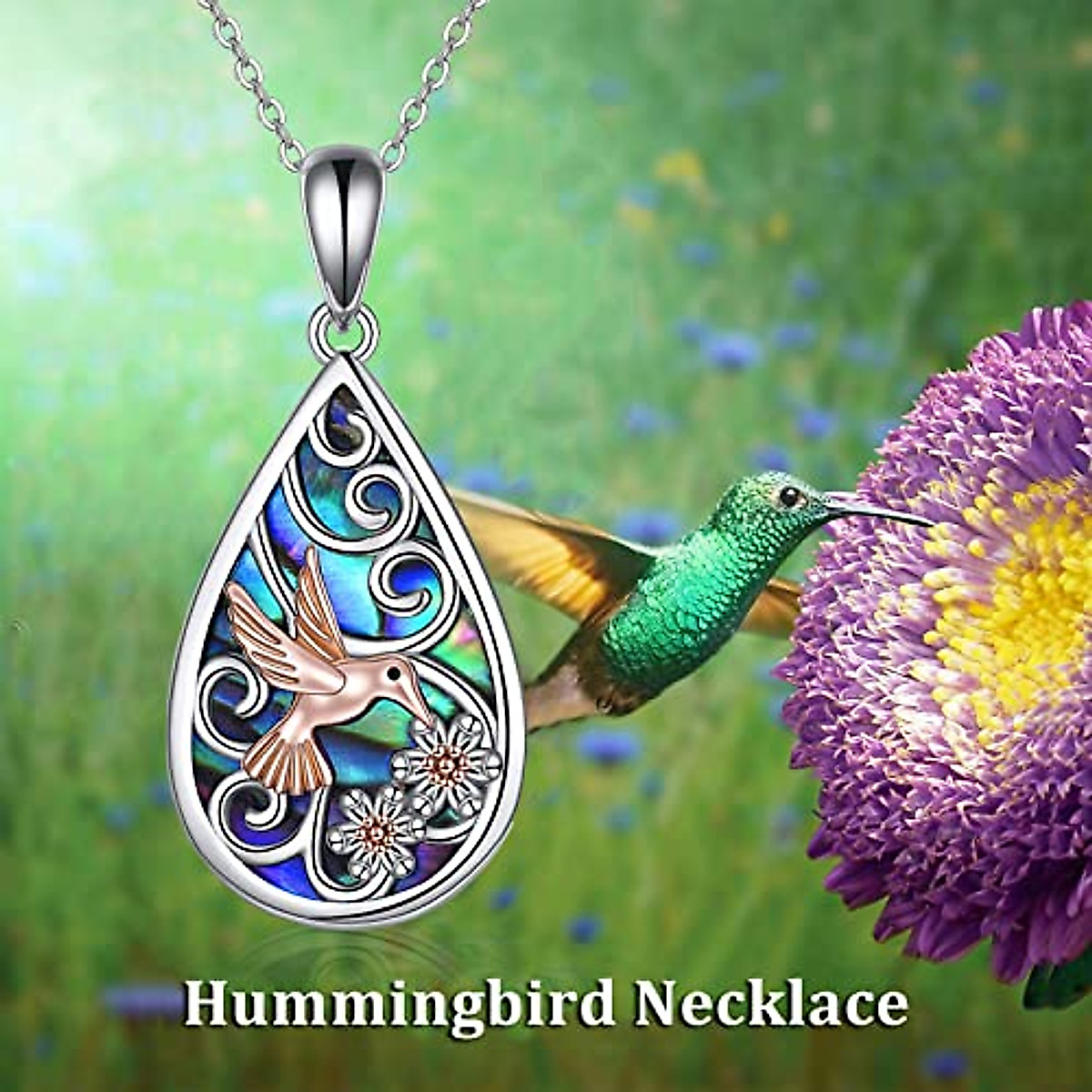 POPLYKE Sterling Silver Hummingbird Necklace Teardrop Necklace Abalone Jewelry Hummingbird Gifts for Women Birthday