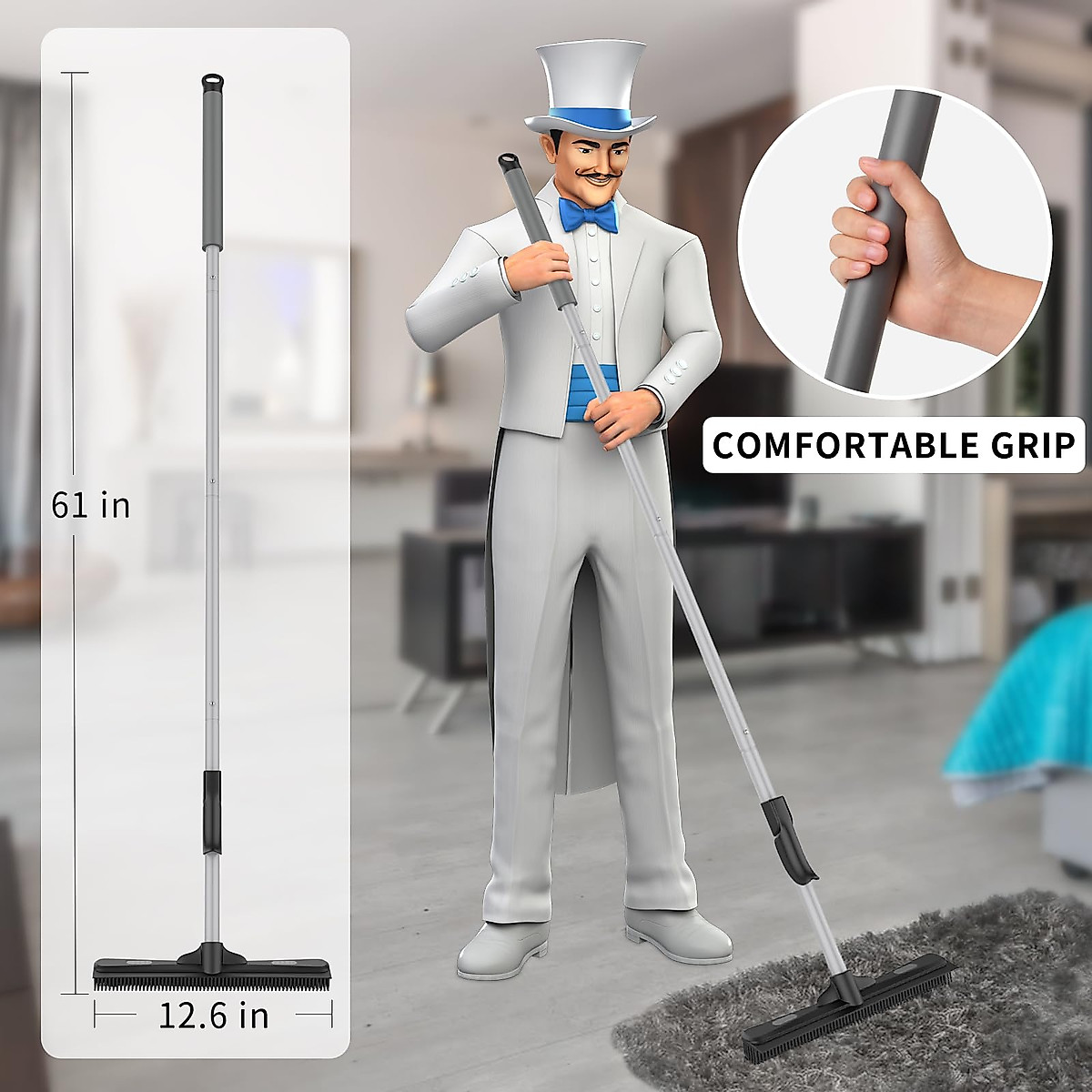 MR.SIGA Pet Hair Removal Rubber Broom with Built in Squeegee, 2 in 1 Floor Brush for Carpet, 62 inch Adjustable Handle, Includes One Microfiber Cloth for Floor Dusting