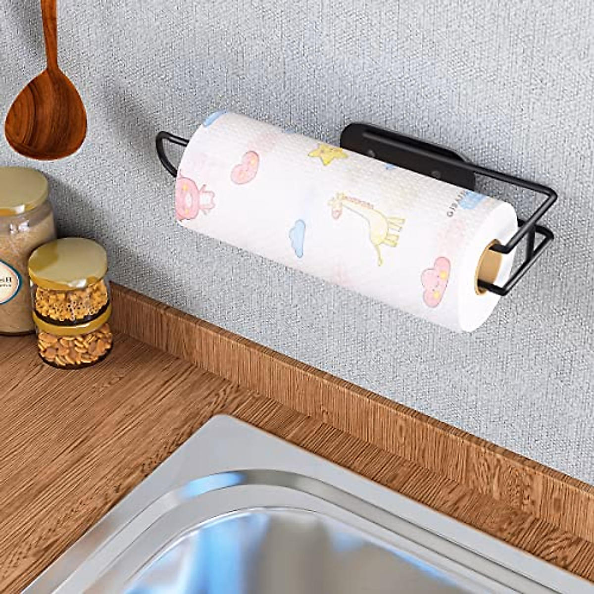 Paper Towel Holder Under Cabinet, H-SPACE Wall Mount Paper Towel for Kitchen, Self-Adhesive and Drilling Paper Towel Bar, Paper Towel Rack, SUS201 Stainless Steel 11 inch (Black, 2PC)