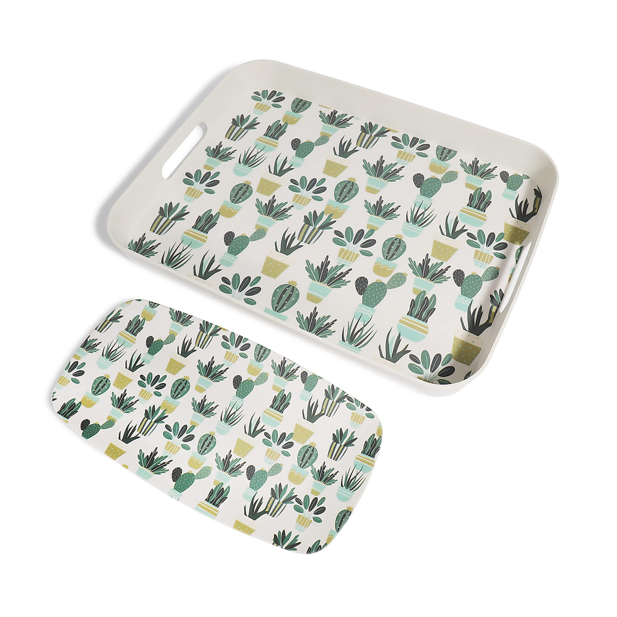Finorder Serving Trays, Bamboo Fiber Tray with Handles, 16" x 12" Decorative Tray Great for Eating, Tea, Bar, Breakfast or Any Food Tray, Green Cactus Prints