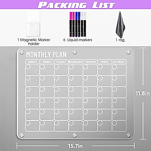 PTSPDP Monthly Acrylic Magnetic Calendar for Fridge, 16"x12" Clear Magnetic Fridge Calendar Dry Erase Board for Fridge & Wall Includes 6 Markers and 1 Rag