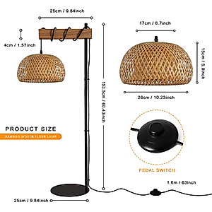 Industrial Tall Floor Lamp for Living Room Bamboo Lampshade, Black Lights Fixtures with Cord On/Off Switch E26 Base Industrial Modern Wire Wood Decoration Standing Lamp for Bedroom (No Bulb)