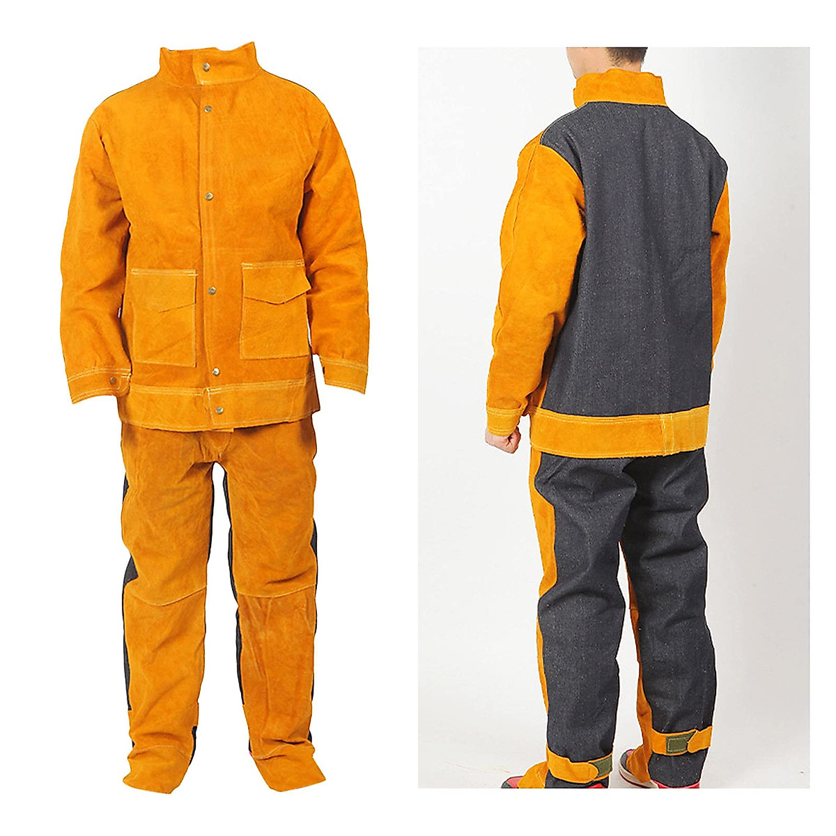 Prettyia Cowhide Welding Jacket Pant Suit for Men, Heavy Duty Flame Heat Resistant Welding Clothing, Durable and Easy to Wear, Orange, 108cm