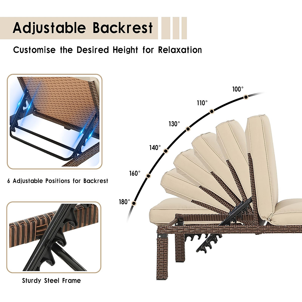 Grepatio Patio Chaise Lounge Chair Outdoor Wicker Rattan Daybed Adjustable Pool Furniture Chair with Cushions Beach Lounge Chair Sun Lounger for Outside (1 Pcs)