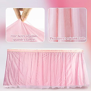 Pink Tulle Table Skirt - MAQIHAN 6ft Tulle Dining Table Skirt Buffet Tutu Table Cloth Princess Tablecloth Dessert Table Cover Wedding Tablecloth Party Decorations for Birthday Party Teacher Desk Skirt