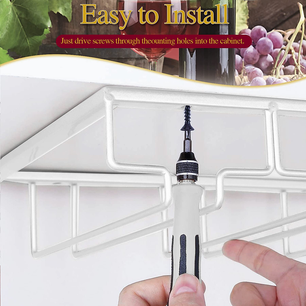 C&AHOME 3-Row Wine Glass Rack, Under Cabinet Stemware Rack, Wine Glasses Holder Storage Hanger, Metal Glass Organizer for Kitchen, Cabinet, Bar, 11.8" L × 9" W × 2.4" H White UWG3R1W