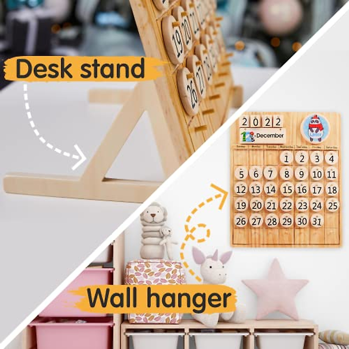 Panda Brothers Wooden Perpetual Calendar - Montessori Toy for Kids Learning Seasons, Months and Days of The Year, Preschool Calendar for Kids Learning at Home and Classroom Teaching, on Desk and Wall