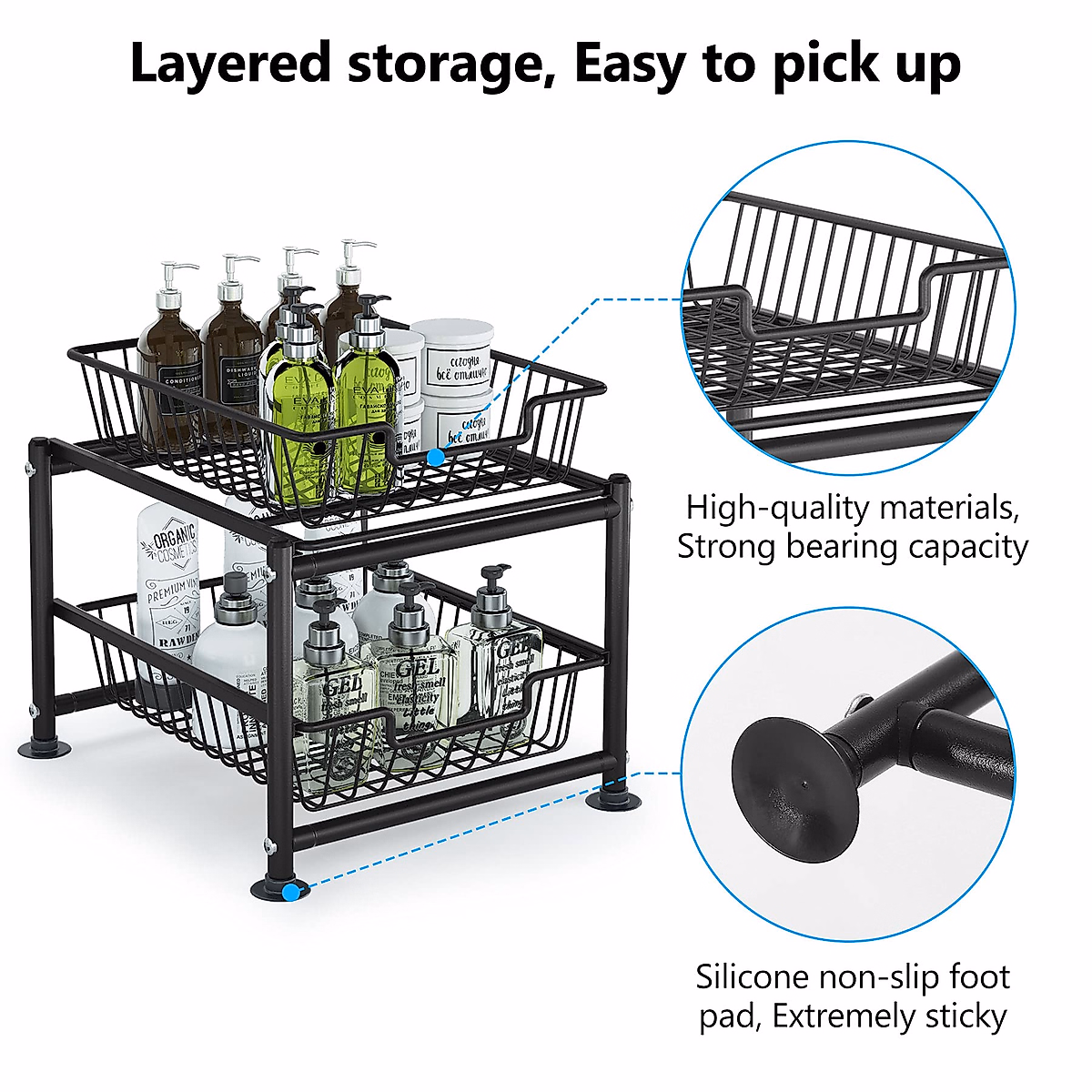 Under Sink Organzier, 1Easylife 2 Tier Sliding Cabinet Basket Under Sink Storage Pull Out Organizer Rack Black with Anti-slip Beads and Silicone Sucker Multi-purpose for Kitchen Bathroom