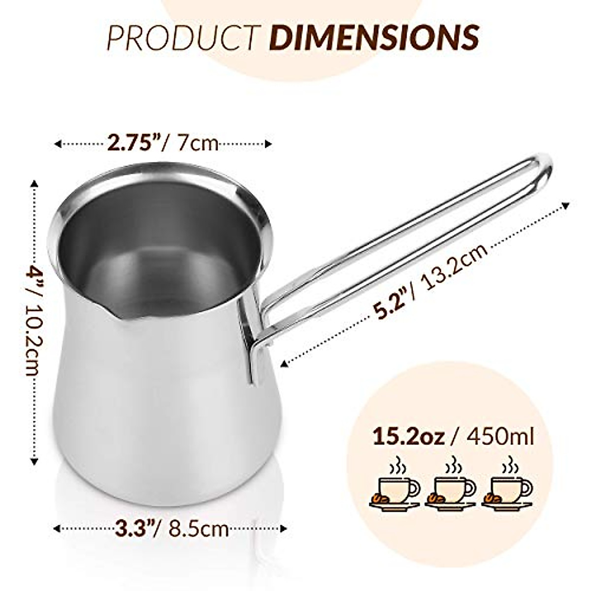 Caizen Coffee Quality Turkish Coffee Pot - Turkish Coffee Maker, Chai Pot, Arabic Coffee Pot, Briki Greek Coffee Pot, Greek Briki, Cezve, Ibrik (15oz)