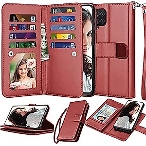 NJJEX Wallet Case for Samsung Galaxy A12, for Galaxy A12 Case 6.5", [9 Card Slots] PU Leather Credit Holder Folio Flip [Detachable] Kickstand Magnetic Phone Cover & Lanyard for Samsung A12 [Wine Red]
