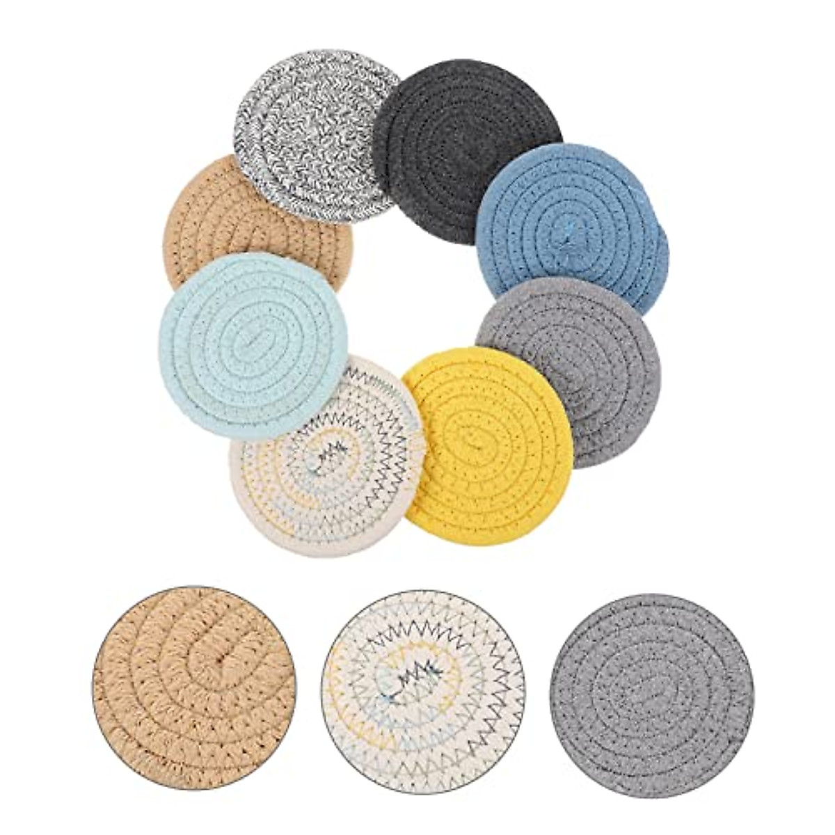 FELTECHELECTR 8pcs Cotton Rope Coaster Braided Placemats Glass Coasters for Drinks Desk Mat for Desktop Cotton Trivets DIY Woven Coasters Straw Braided Coasters Teacup Potholders Bowl Mats Jute