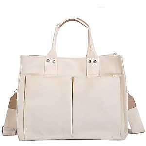 Canvas Bag with Handle -Mommy Bag, Large Capacity Messenger Bag Durable Multi Pocket Shoulder Bag Wear Resistant Tote Purse Reusable Handbag Easy to Clean, Canvas White