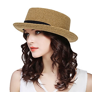 Pork-Pie-Hat-for-Men-Women Straw-Boater-Hat - Classic Boater Derby Sun Hats with Grosgrain Band Khaki