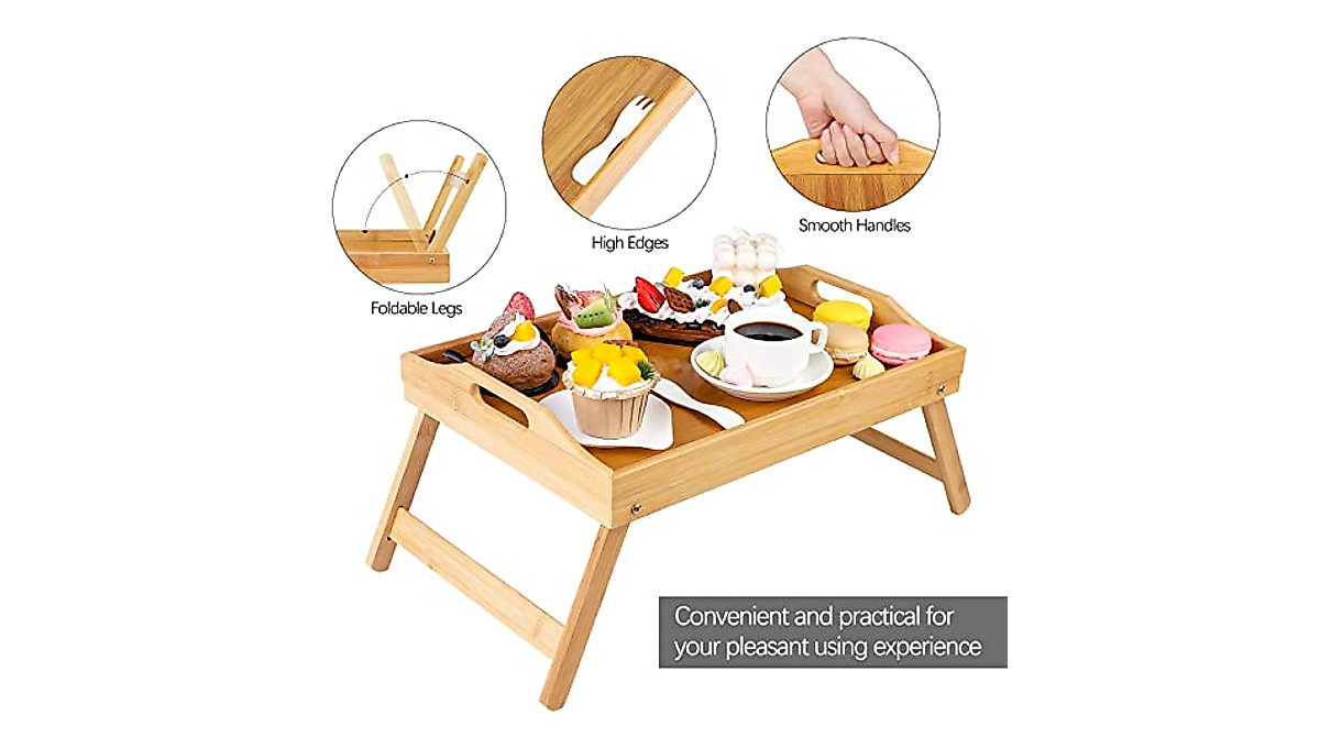 Aodaer 2 Pack Natural Bed Tray Table with Folding Legs Kids Portable Serving Platters Tray with ...