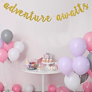 Adventure Awaits Banner, Wedding Engagement Party Bunting Decor, Congrats Grad, Birthday Retirement Sign Graduation Party Decorations Gold Glitter