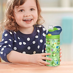 ALAZA Cute Cartoon Lotus Pond Frog Kids Water Bottles with Lids Straw Insulated Stainless Steel Water Bottles Double Walled Leakproof Tumbler Travel Cup for Girls Boys Toddlers 12 oz / 350 ml,Green