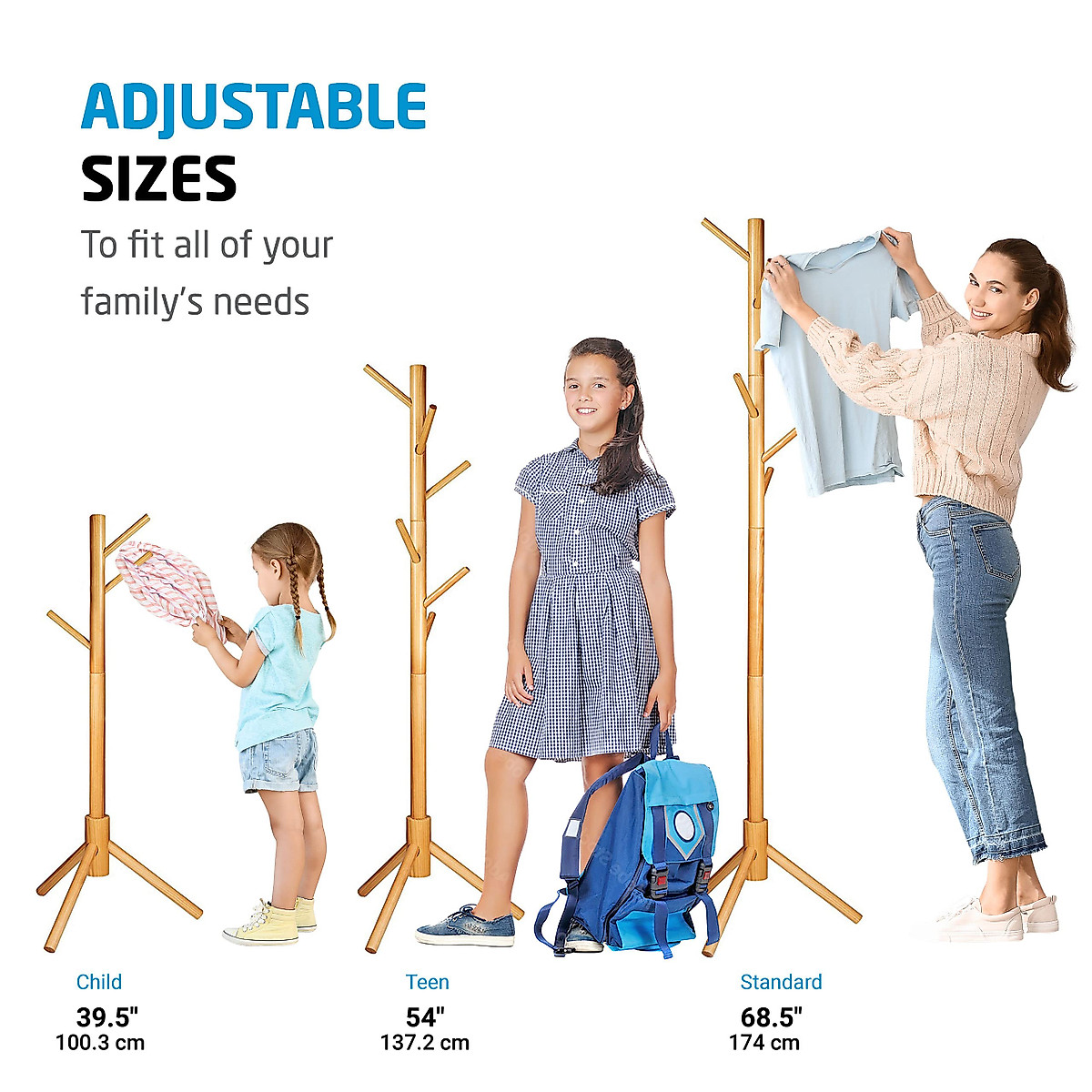 ZOBER Coat Rack Free Standing - Wooden Coat Tree W/ 6 Hooks - Coats, Purses, Hats - Adjustable Sizes, Easy Assembly - Natural