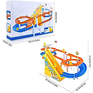 Small Ducks Climbing Toys, Electric Ducks Chasing Race Track Game Set, Playful Roller Coaster Toy with 8 Duck LED Flashing Lights & Music Button, Fun Duck Stair Climbing Toy for Toddlers and Kids (C)