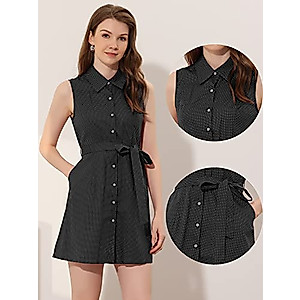 Allegra K Polka Dots Sleeveless Dress for Women's Belted Shirtdress Vintage Button Down Dress Small Black
