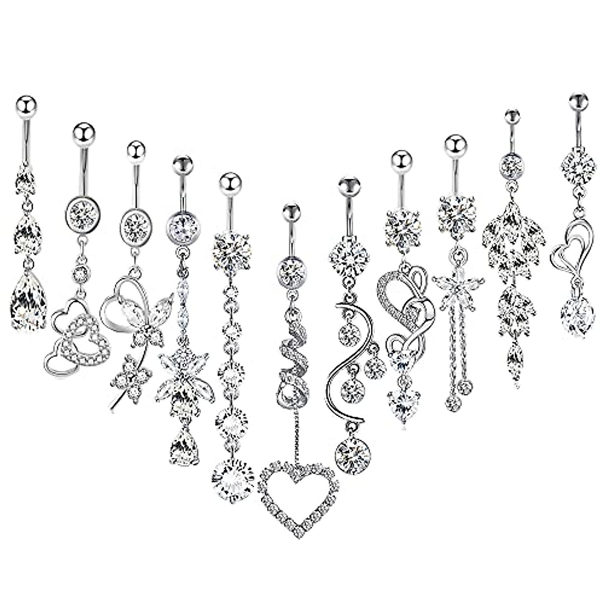 TIANCI FBYJS 14G Women Belly Button Rings Surgical Stainless Steel Dangle Belly Rings 10mm Heart Belly Piercings Flower Butterfly Navel Jewelry 11pcs (silver)